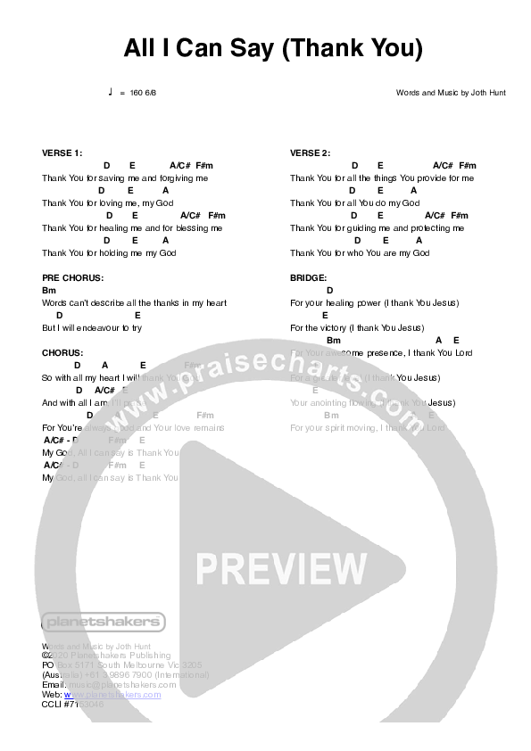 All I Can Say (Thank You) Chords PDF (Planetshakers) - PraiseCharts