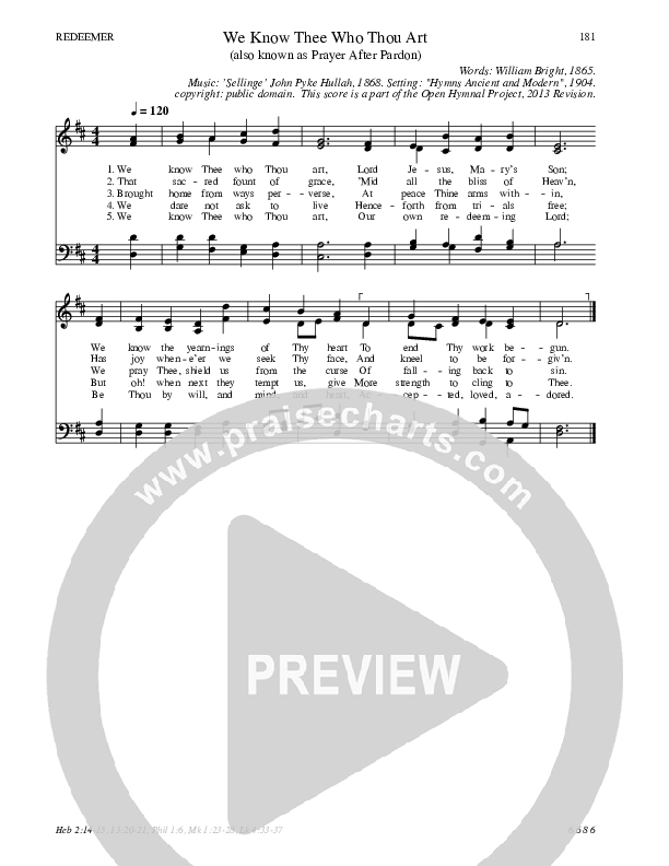 We Know Thee Who Thou Art Hymn Sheet (Traditional Hymn) - PraiseCharts