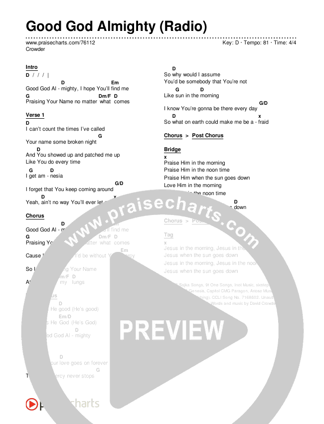 Good God Almighty (Radio) Chords PDF (Crowder) - PraiseCharts Good God Almighty (Radio) Chords PDF (Crowder) - PraiseCharts