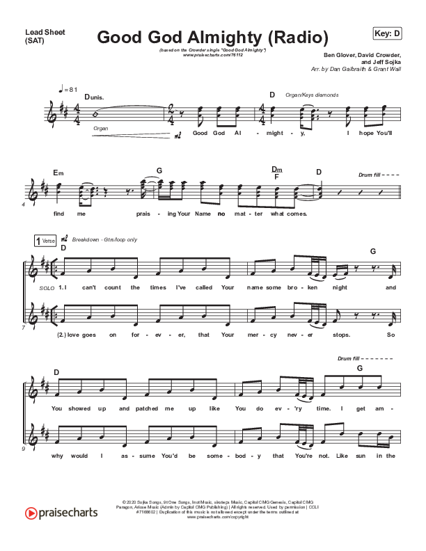 Good God Almighty (Radio) Sheet Music PDF (Crowder) - PraiseCharts Good God Almighty (Radio) Sheet Music PDF (Crowder) - PraiseCharts