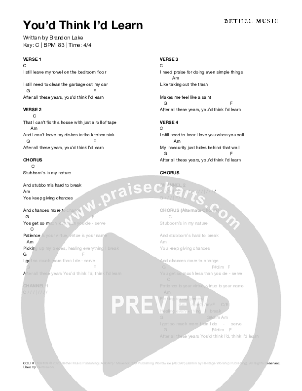 Youd Think Id Learn Chords Pdf Brandon Lake Praisecharts