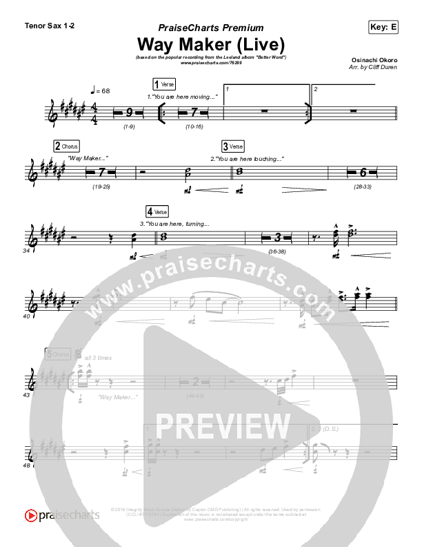 Way Maker (Choral Anthem SATB) Tenor Sax Sheet Music PDF (Leeland / Arr ...