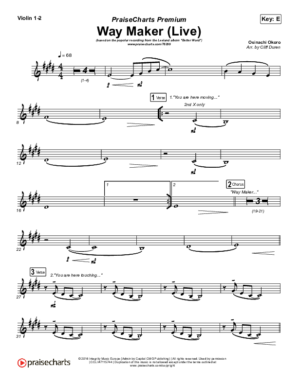 Way Maker (Choral Anthem SATB) Violin Sheet Music PDF (Leeland / Arr ...