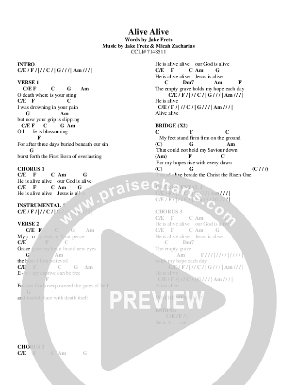 Alive Alive Chords PDF (Jake Fretz) - PraiseCharts