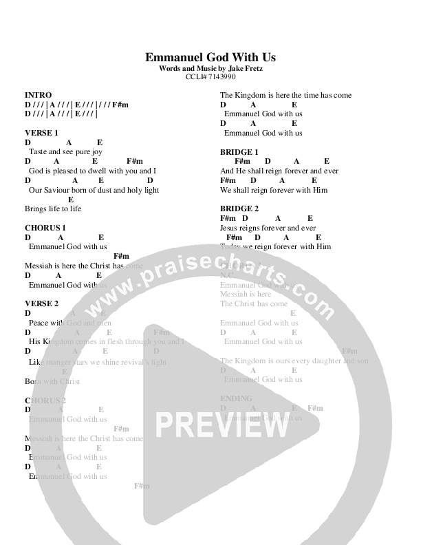 Emmanuel God With Us Chords PDF (Jake Fretz) - PraiseCharts