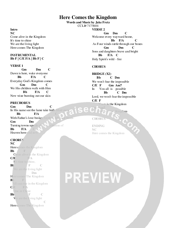 Here Comes The Kingdom Chords PDF (Jake Fretz) - PraiseCharts