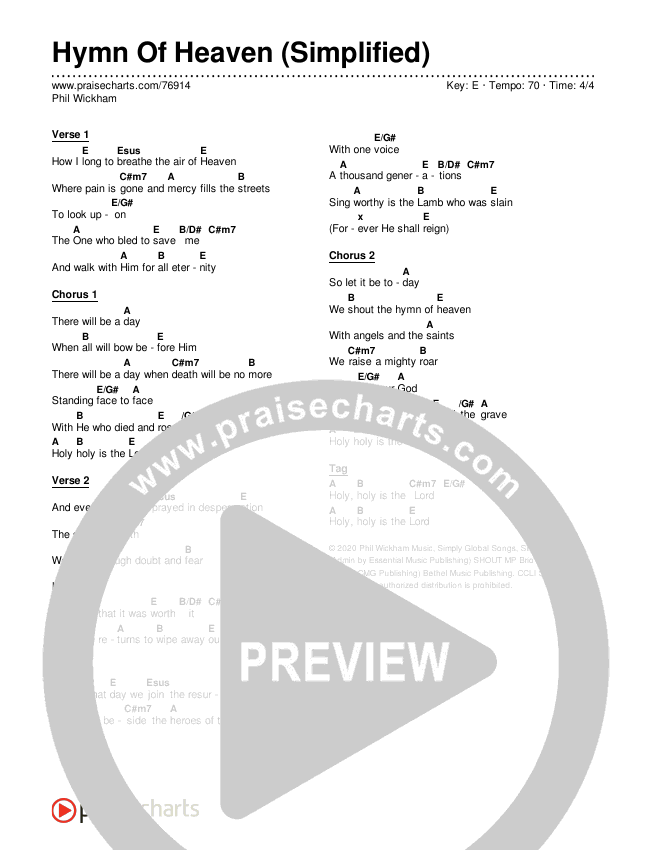 Hymn Of Heaven Simplified Chords PDF Phil Wickham PraiseCharts Hymn Of Heaven Simplified Chords PDF Phil Wickham PraiseCharts