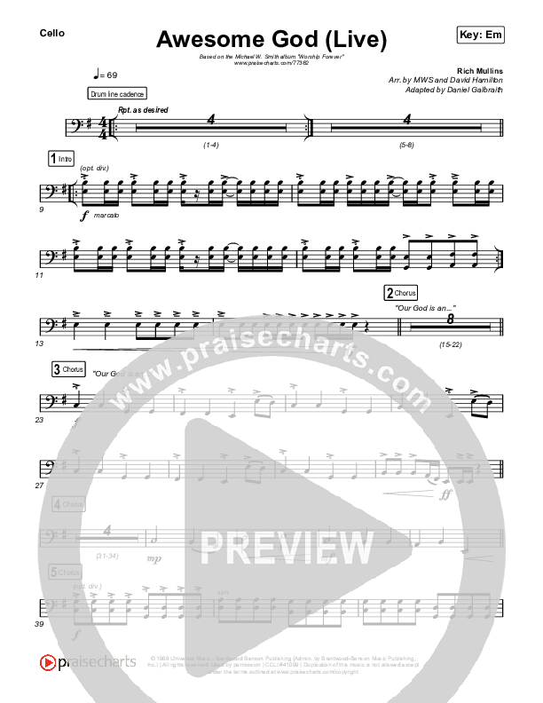 Awesome God (Live) Cello Sheet Music PDF (Michael W. Smith) - PraiseCharts
