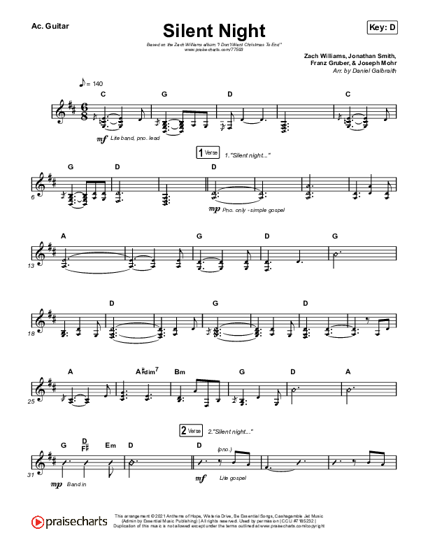 Silent Night Acoustic Guitar Sheet Music Pdf Zach Williams Praisecharts
