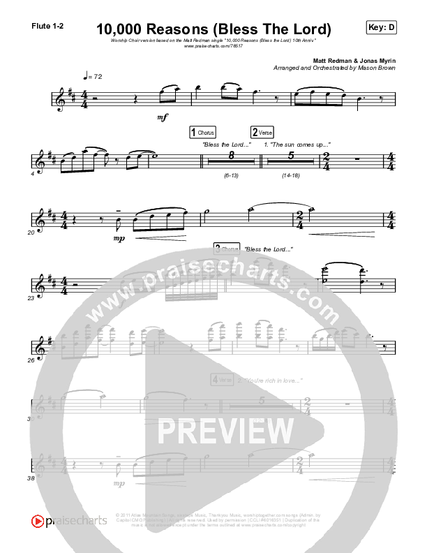 10 000 Reasons Bless The Lord Worship Choir Sab Flute Sheet Music