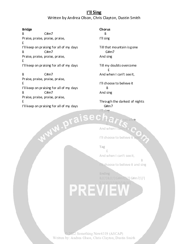 I'll Sing Chords PDF (Andrea Olson) - PraiseCharts