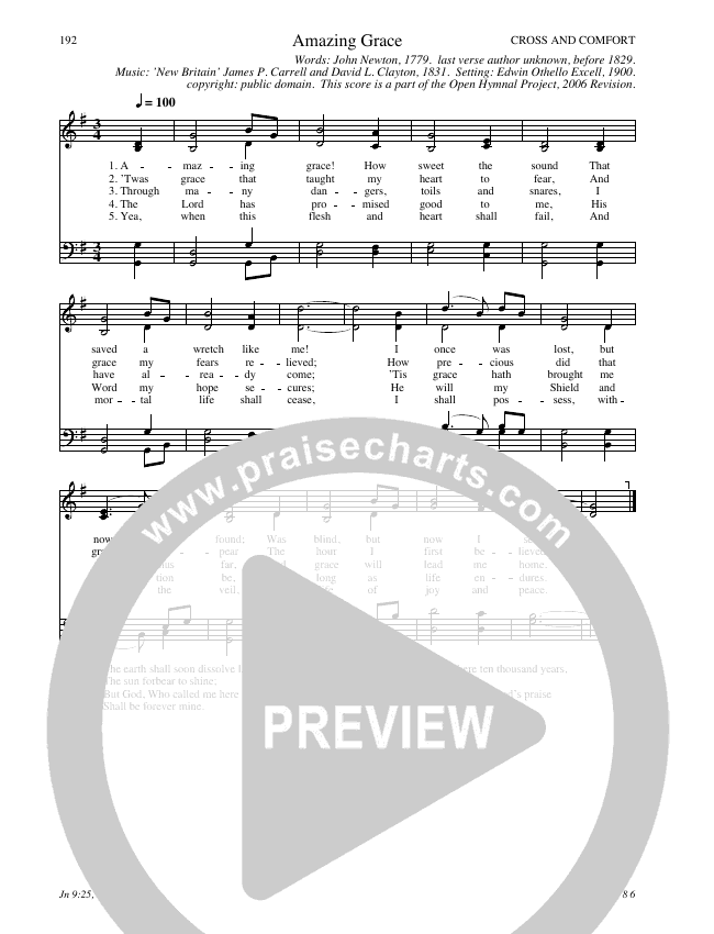Amazing Grace Hymn Sheet (Traditional Hymn) - PraiseCharts