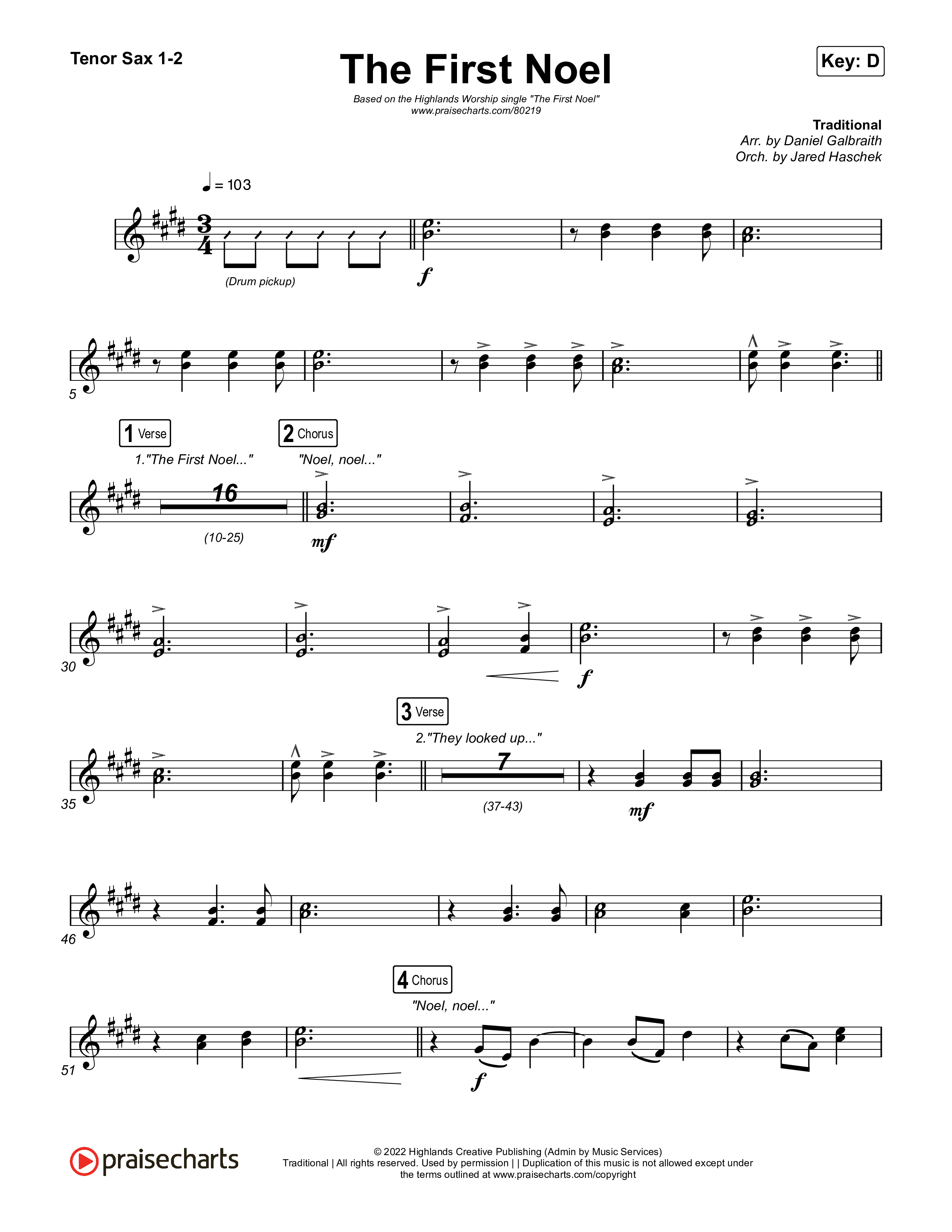 The First Noel Tenor Sax Sheet Music PDF (Highlands Worship) - PraiseCharts