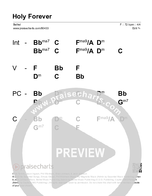 Holy Forever Free Chords PDF (Bethel Music) - PraiseCharts Holy Forever Free Chords PDF (Bethel Music) - PraiseCharts