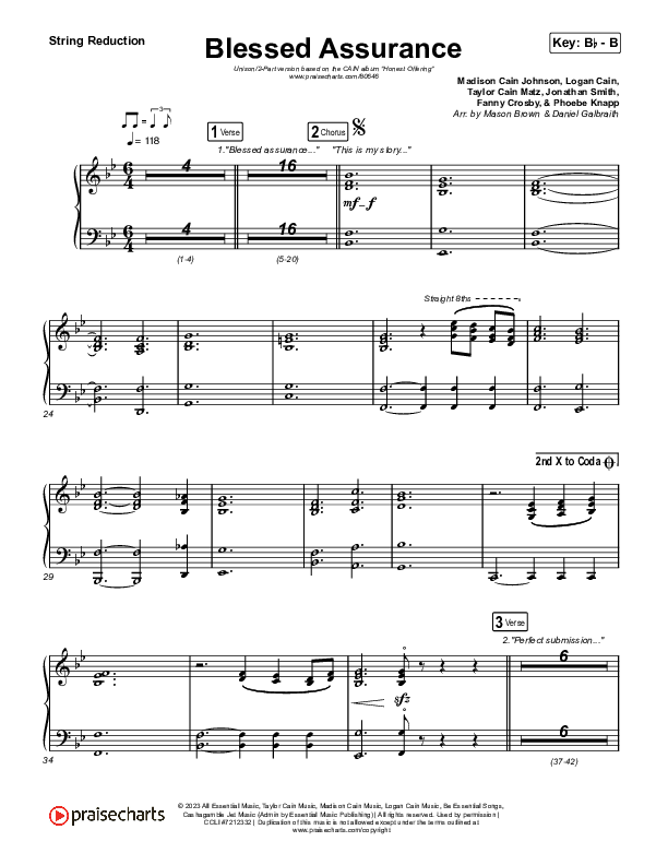 Blessed Assurance (Unison/2-Part) String Reduction Sheet Music PDF (CAIN / David Leonard / Arr ...