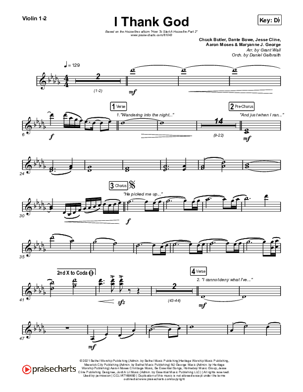 I Thank God Violin Sheet Music PDF (Housefires / JWLKRS Worship) - PraiseCharts