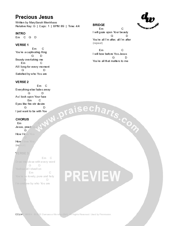 Precious Jesus Chords PDF (Damascus Worship / MarySarah Menkhaus) - PraiseCharts