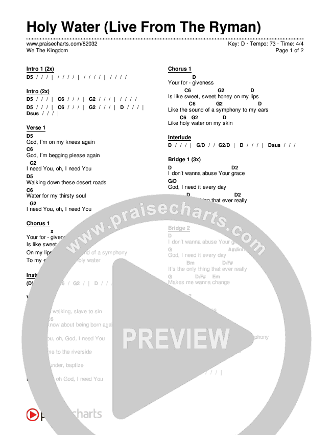 Holy Water (Live From The Ryman) Chords PDF (We The Kingdom) - PraiseCharts