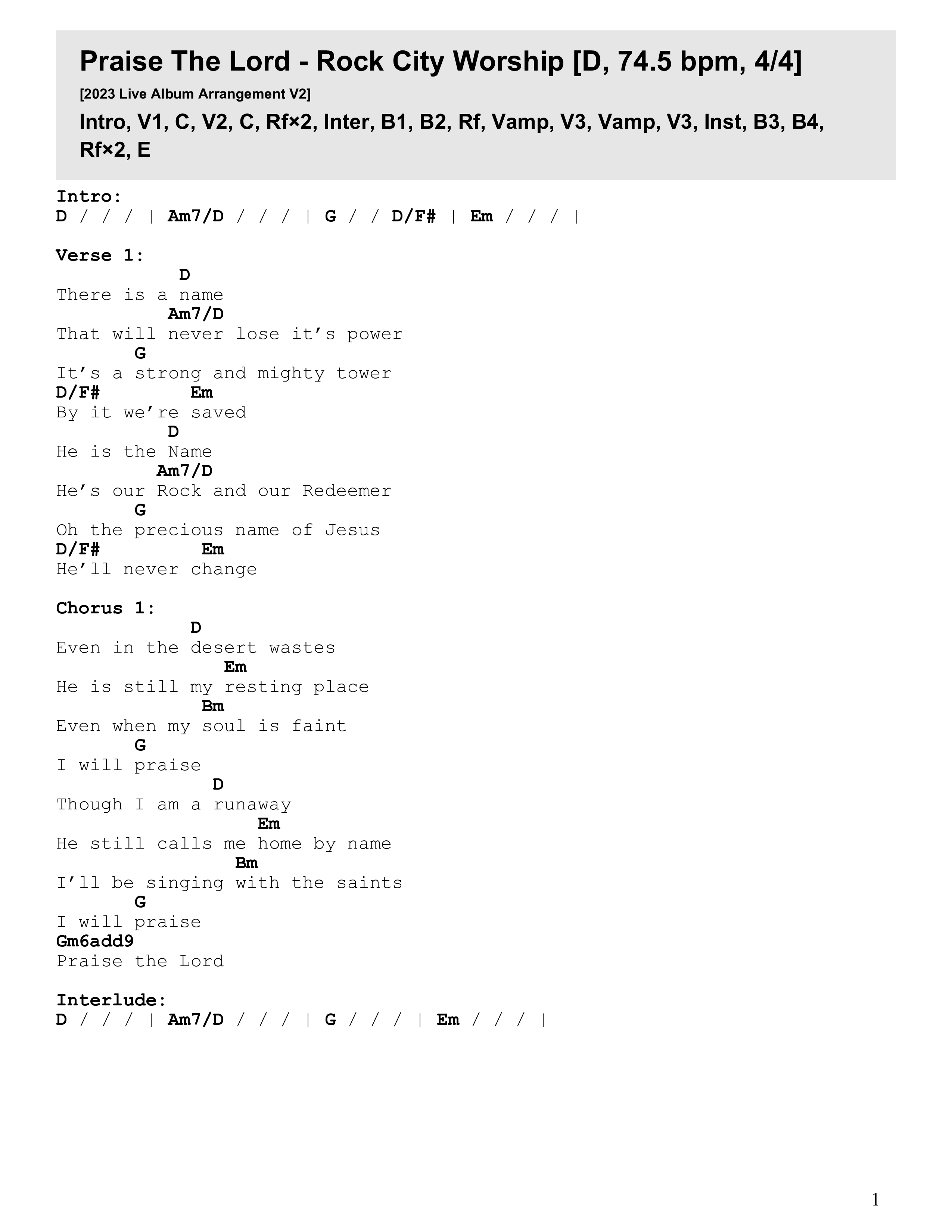 Praise The Lord (Live) Chords PDF (Rock City Worship) - PraiseCharts