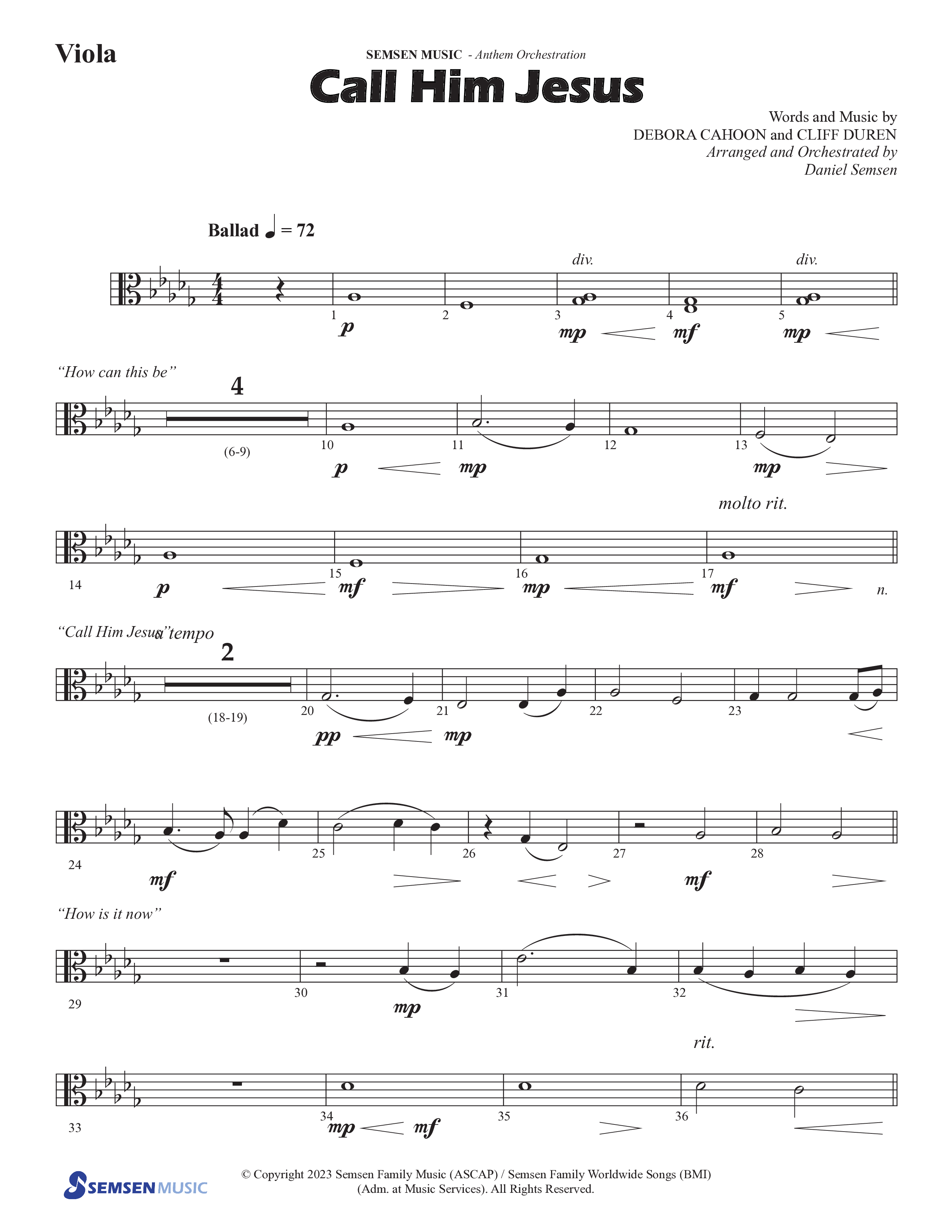 Call Him Jesus (Choral Anthem SATB) Viola Sheet Music PDF (Semsen Music / Arr. Daniel Semsen ...