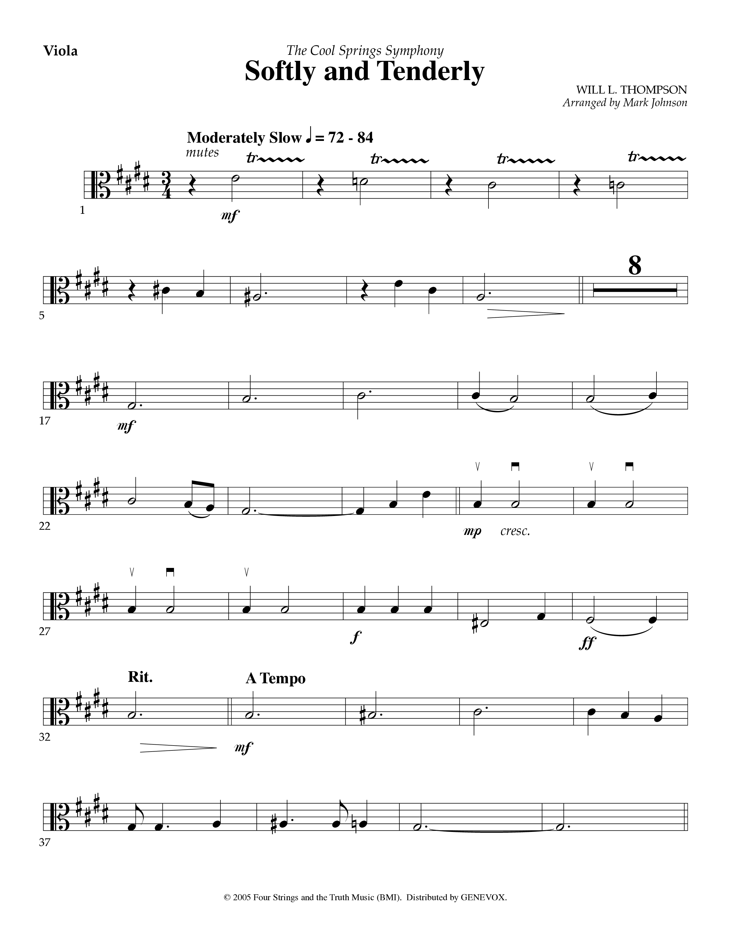 Softly And Tenderly (Instrumental) Viola Sheet Music PDF (Lifeway ...