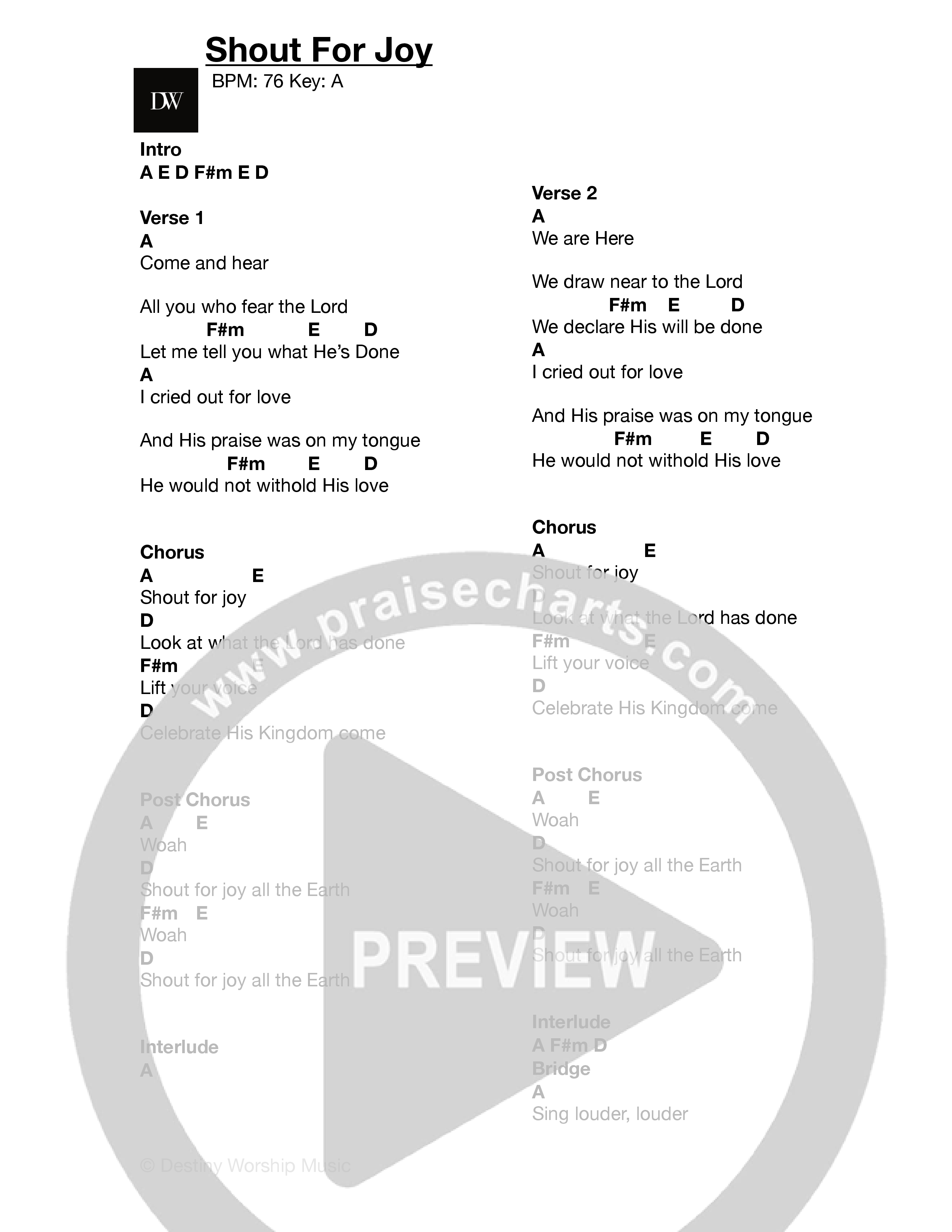 Shout For Joy (Live) Chords PDF (Destiny Worship Music) - PraiseCharts