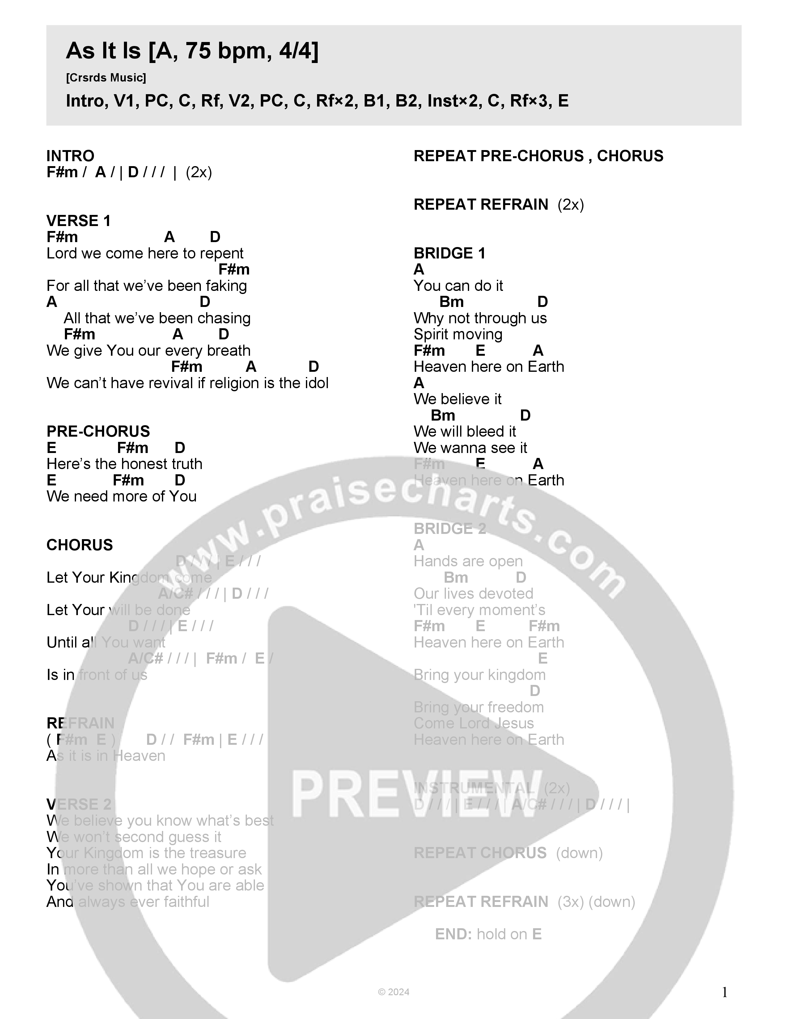 As It Is Chords PDF (Crossroads Music) - PraiseCharts