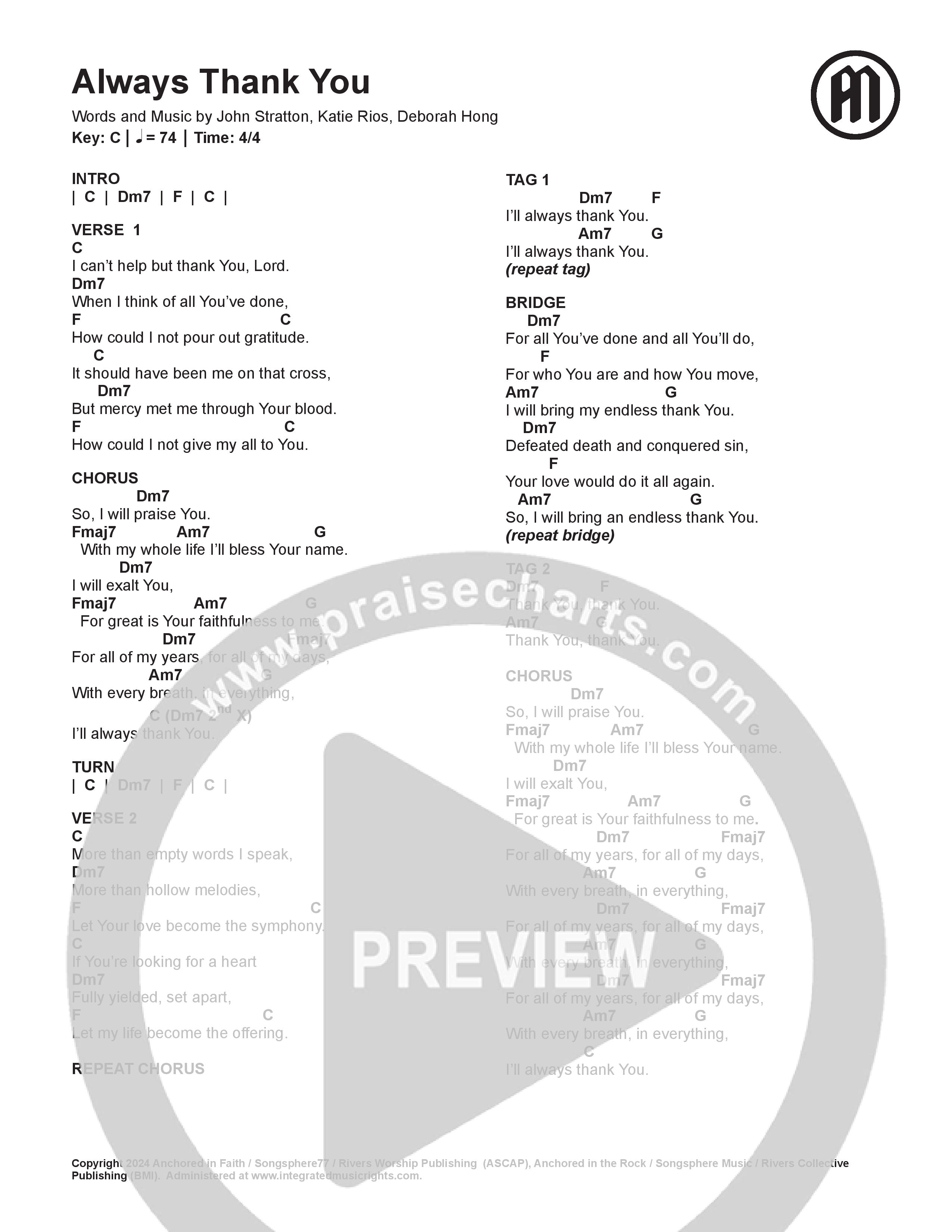 Always Thank You Chords PDF (RIVERS) - PraiseCharts