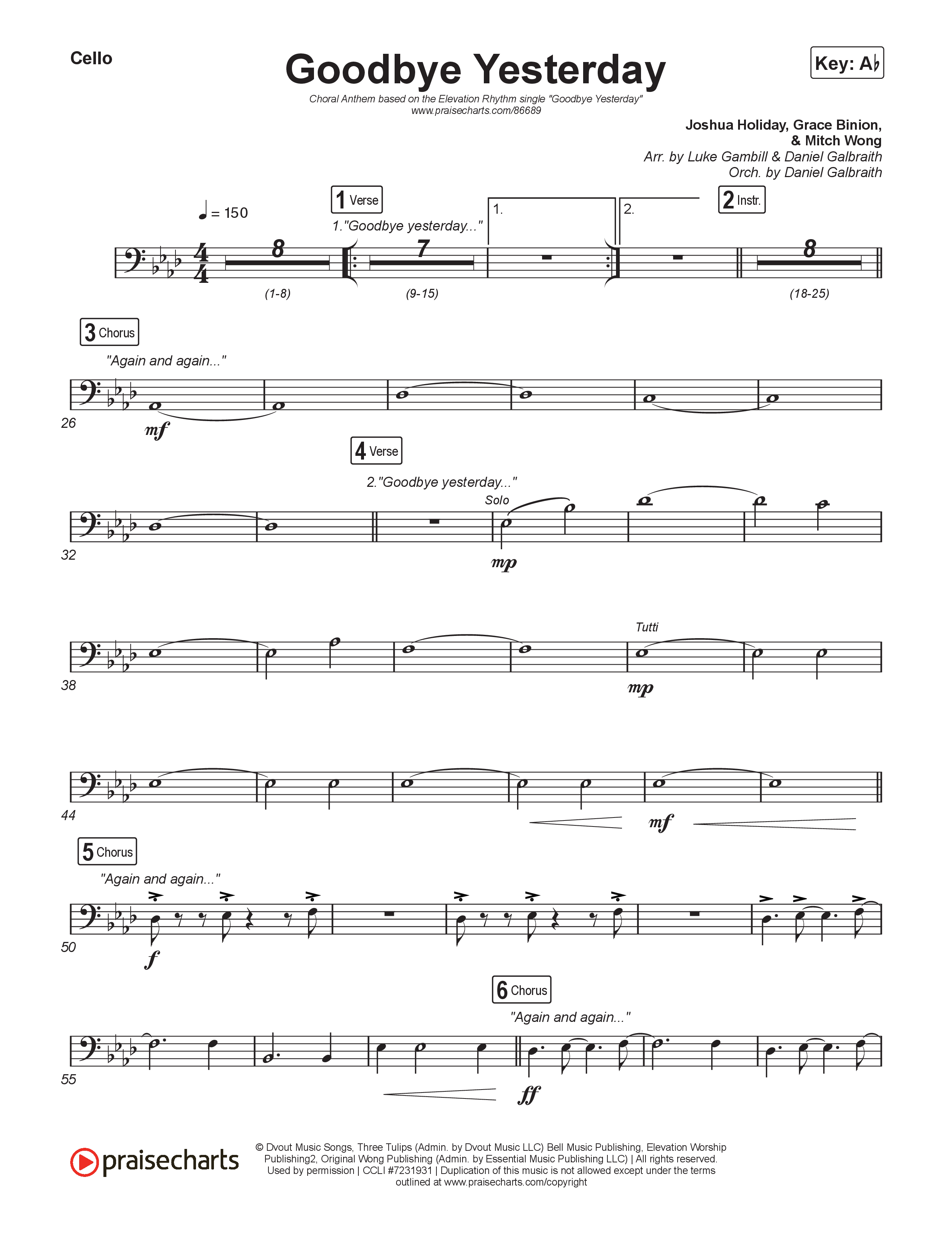 Goodbye Yesterday (Choral Anthem SATB) Cello Sheet Music PDF (ELEVATION ...