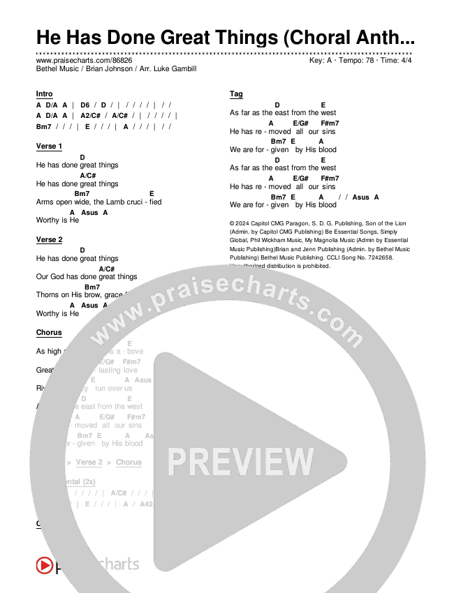 He Has Done Great Things (Choral Anthem SATB) Chords PDF (Bethel Music ...