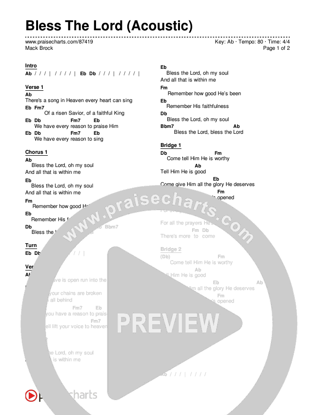 Bless The Lord (Acoustic) Chords PDF (Mack Brock) - PraiseCharts