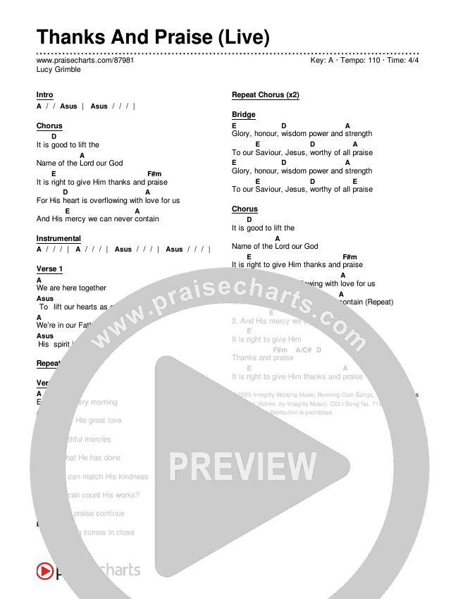 Thanks And Praise (Live) Chords PDF (Lucy Grimble) - PraiseCharts