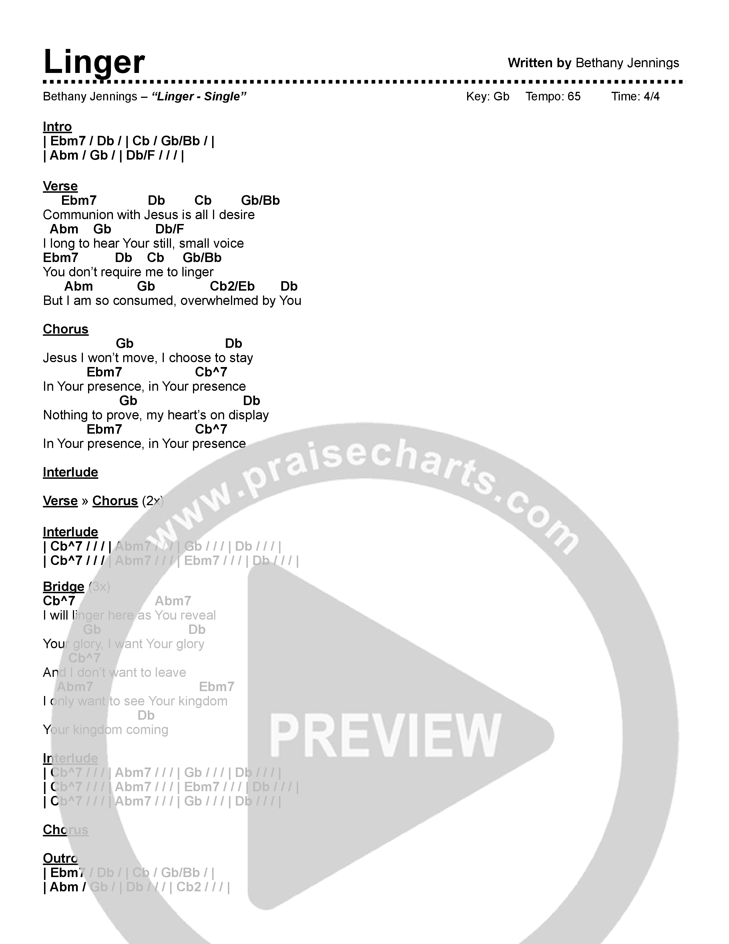 Linger Chords PDF (Bethany Jennings) - PraiseCharts