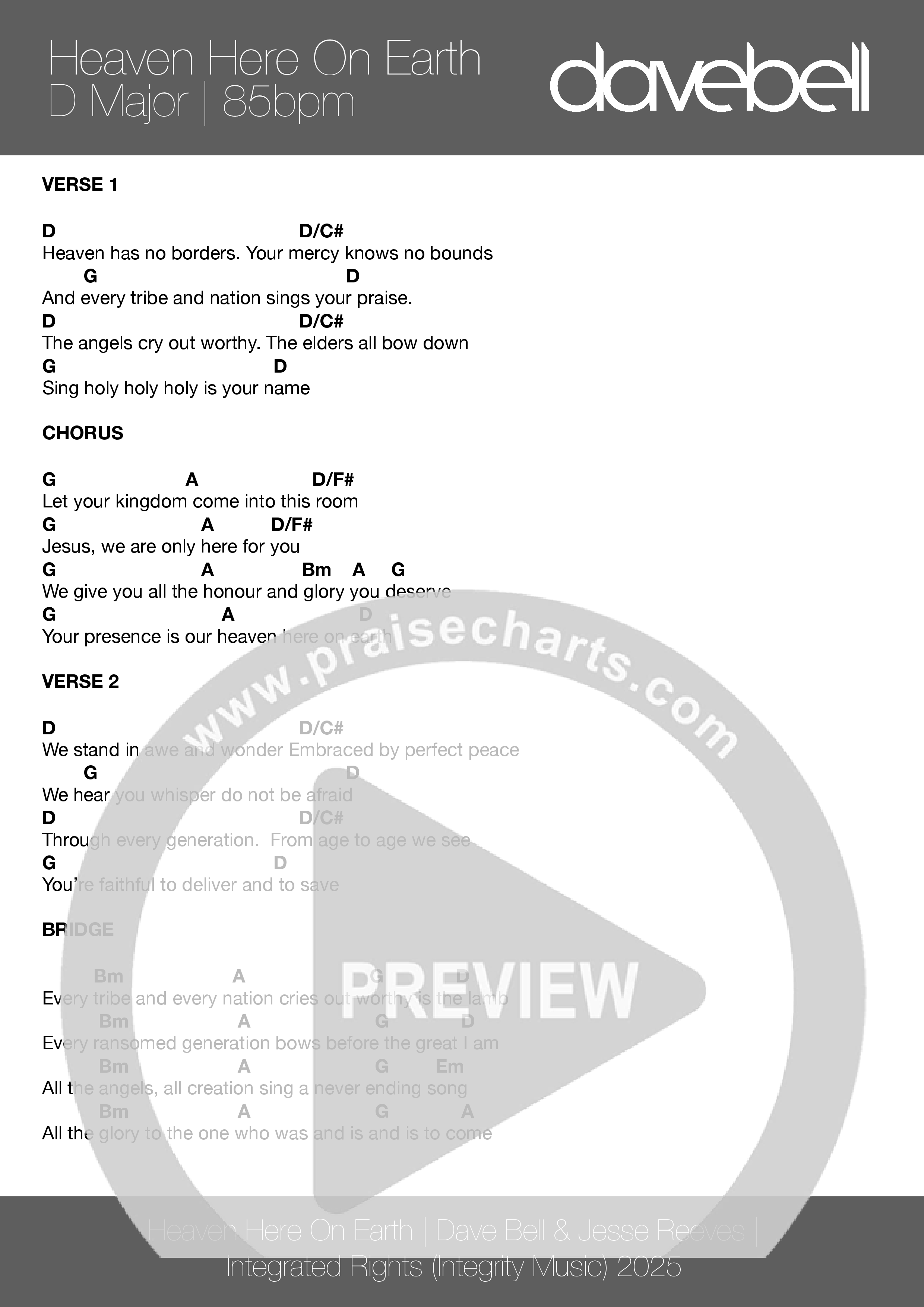 Heaven Here On Earth (Live) Chords PDF (Dave Bell) - PraiseCharts