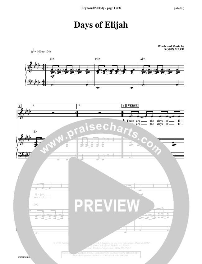 Days of Elijah Sheet Music PDF (Robin Mark) - PraiseCharts