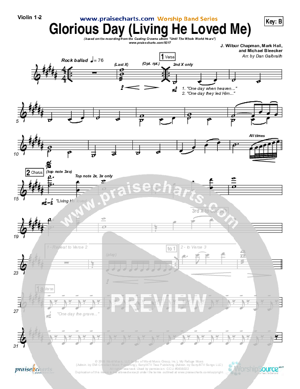 Glorious Day (Living He Loved Me) Violin Sheet Music PDF (Casting Crowns) - PraiseCharts